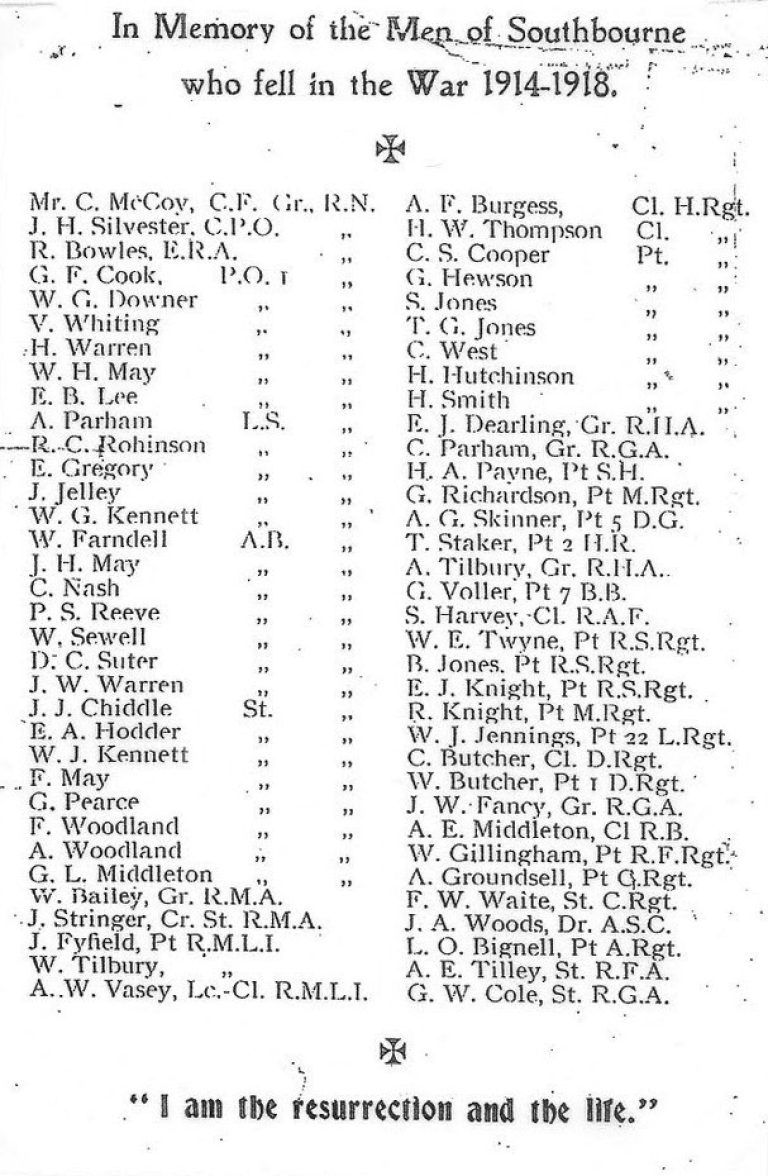 Roll of Honour WW1 - Southbourne, West Sussex | Pictorial History